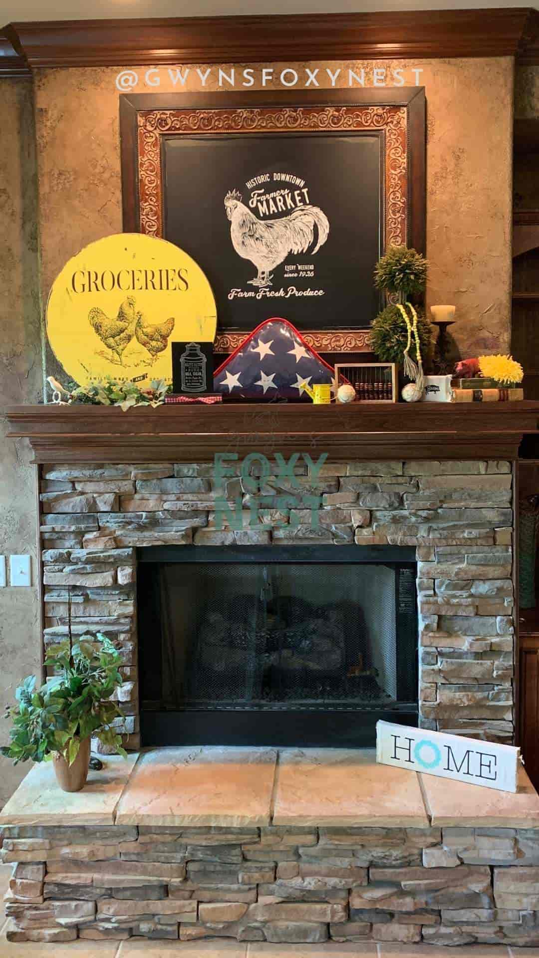Farmhouse Chicken Decor Idea For Fireplace Mantel